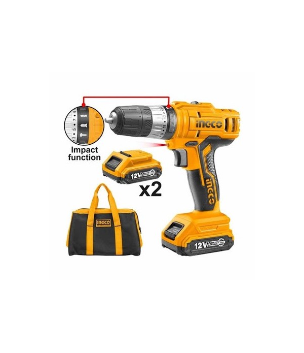 INGCO Visseuse Perceuse à percussion sans fil + 2 Batteries + Charg...